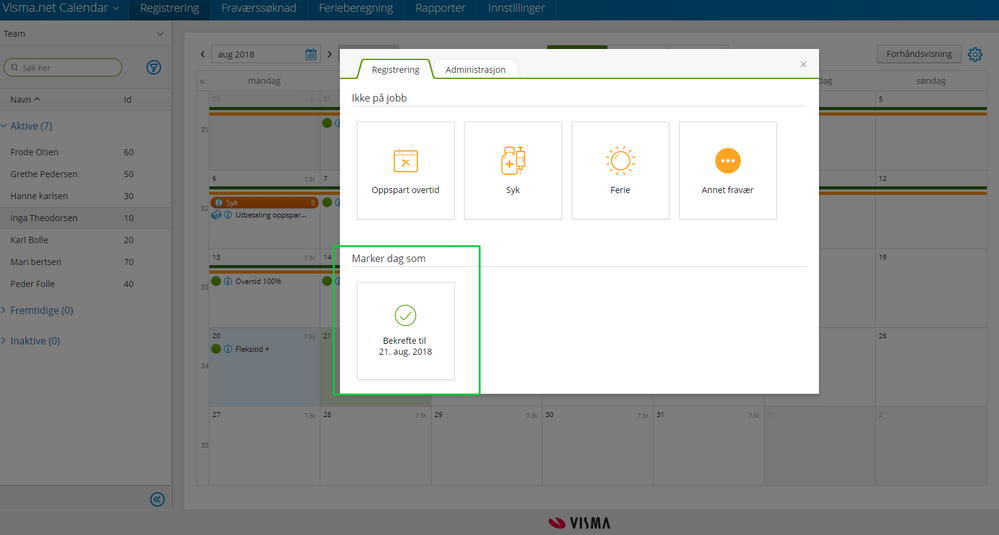 Hvordan kan jeg korrigere / endre registrerte timer / fravær i Visma.net Calendar? Grønn og ...